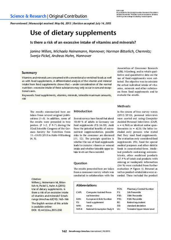 (PDF) Vitamin Intake from Food Supplements in a German Cohort - Is ...