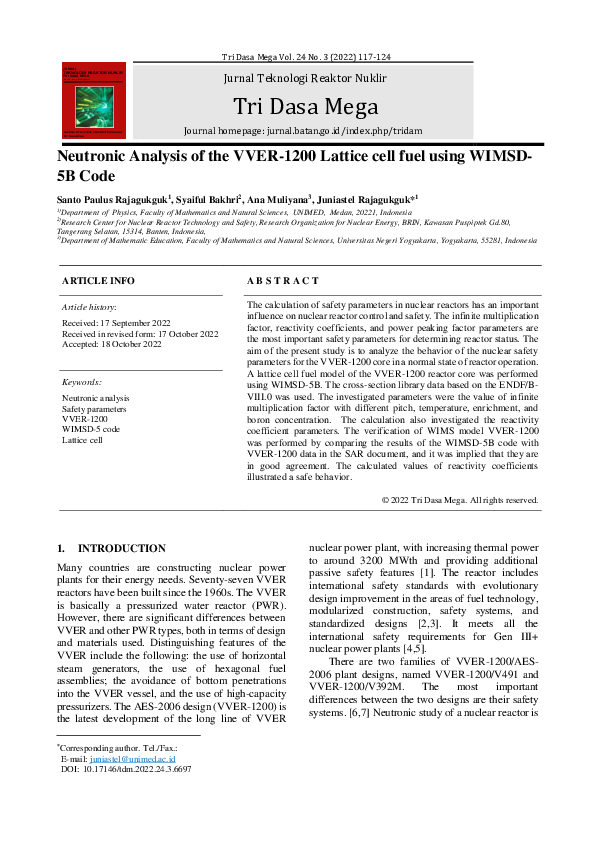 (PDF) Neutronic Analysis of the VVER-1200 Lattice Cell Fuel Using WIMSD-5B Code
