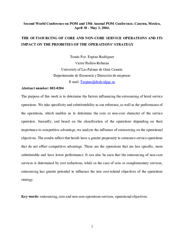 (PDF) The Outsourcing of Core and Non-Core Service Operations and Its ...