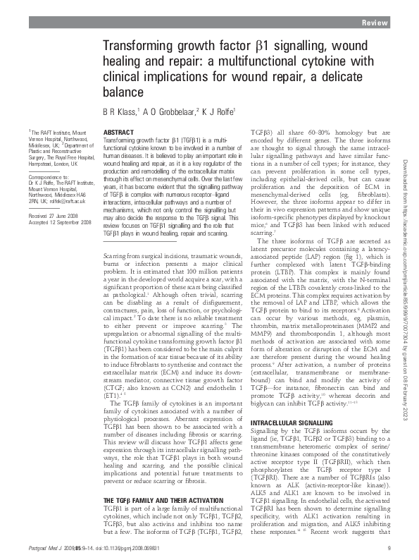 (PDF) Transforming growth factor β1 signalling, wound healing and repair: a multifunctional ...