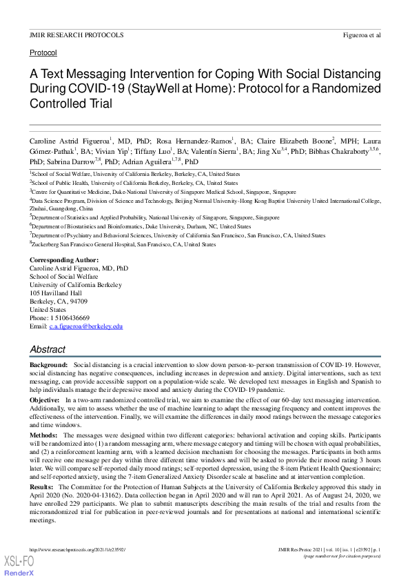 (PDF) A Text Messaging Intervention for Coping With Social Distancing During COVID-19 (StayWell ...