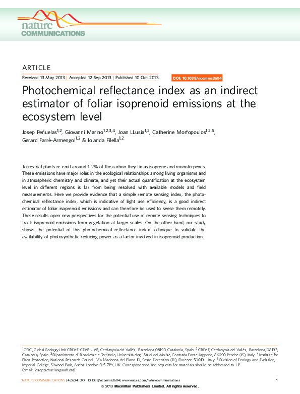 (PDF) Photochemical reflectance index as an indirect estimator of ...