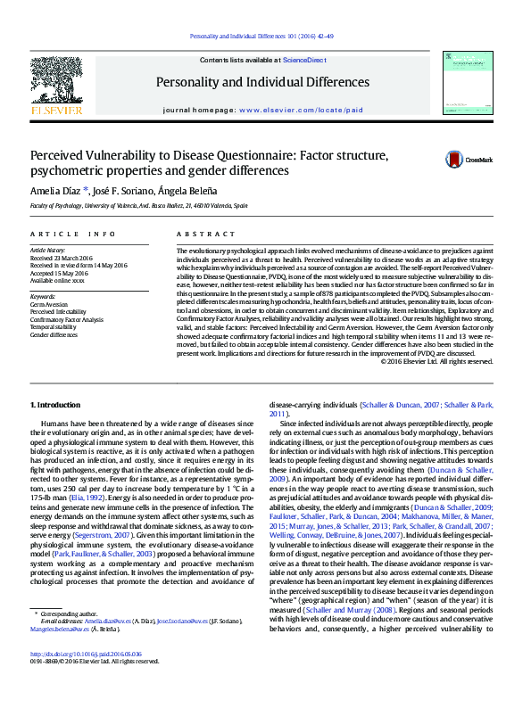 (PDF) Perceived Vulnerability to Disease Questionnaire: Factor ...