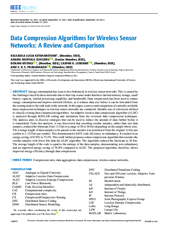 (PDF) Data Compression Algorithms for Wireless Sensor Networks: A ...