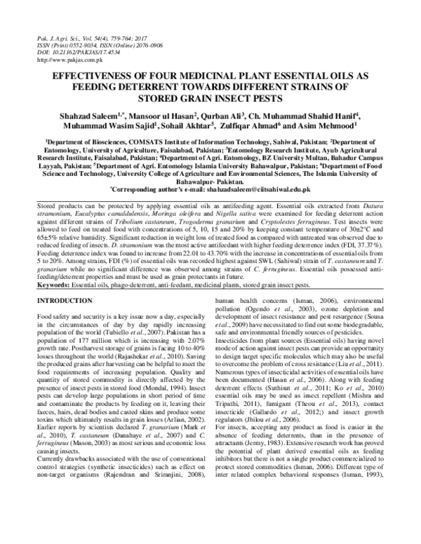 (PDF) Effectiveness of Four Medicinal Plant Essential Oils as Feeding Deterrent Towards ...