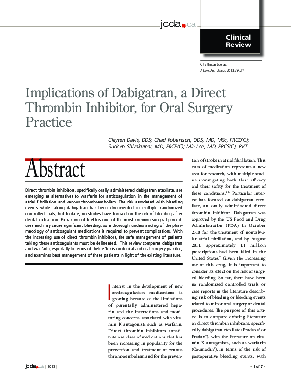 (PDF) Implications of Dabigatran, a direct thrombin inhibitor, for oral ...