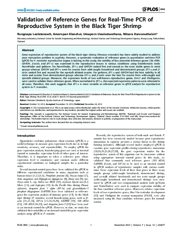Pdf Validation Of Reference Genes For Real Time Pcr Of Reproductive System In The Black Tiger