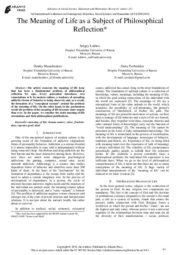 (PDF) The Meaning of Life as a Subject of Philosophical Reflection