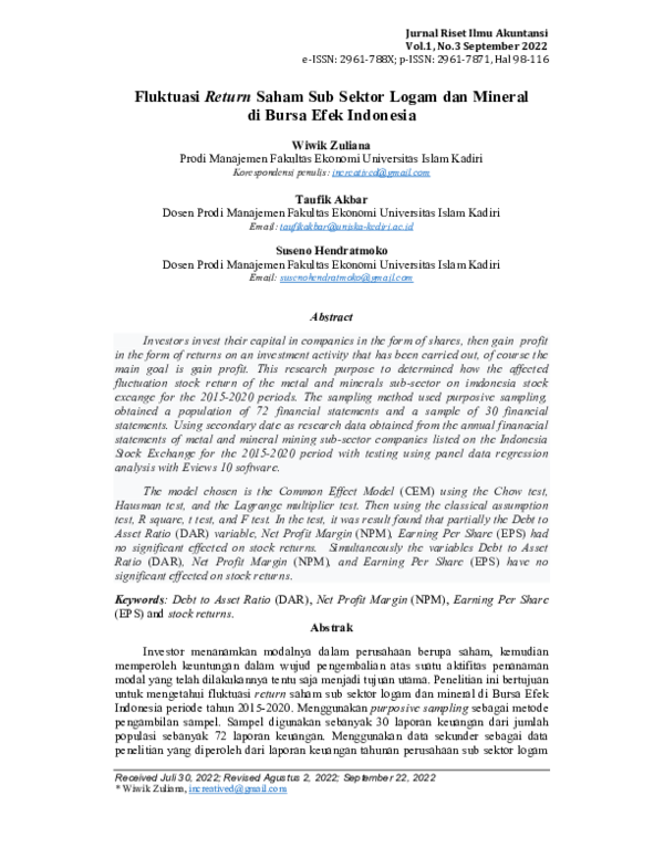(PDF) Fluktuasi Return Saham Sub Sektor Logam dan Mineral di Bursa Efek ...