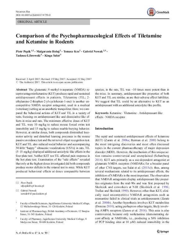 (PDF) Comparison of the Psychopharmacological Effects of Tiletamine and ...