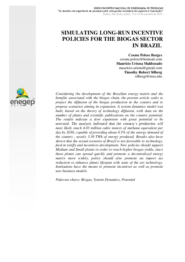 (PDF) SIMULATING LONG-RUN INCENTIVE POLICIES FOR THE BIOGAS SECTOR IN ...