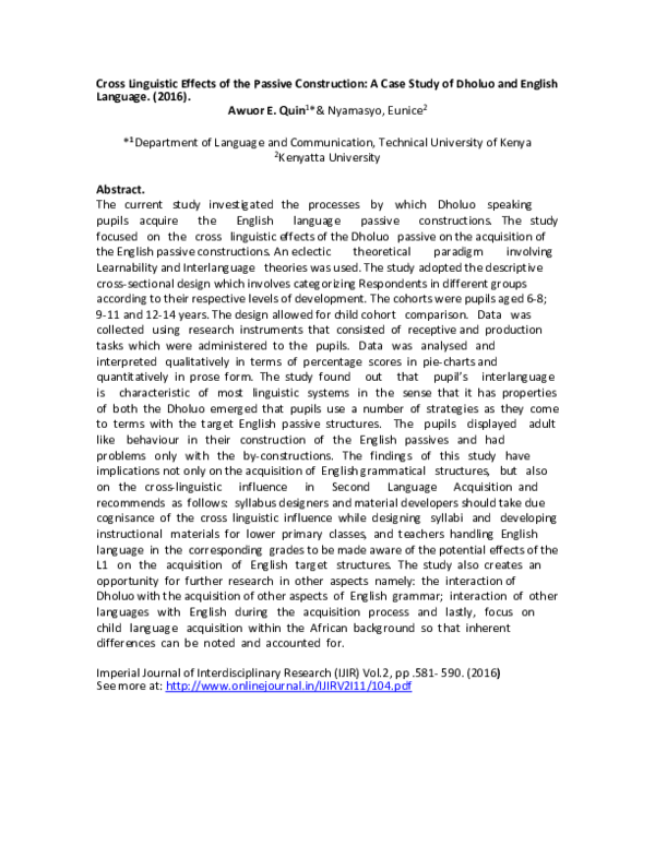 (PDF) Cross Linguistic Effects of the Passive Construction: A Case ...