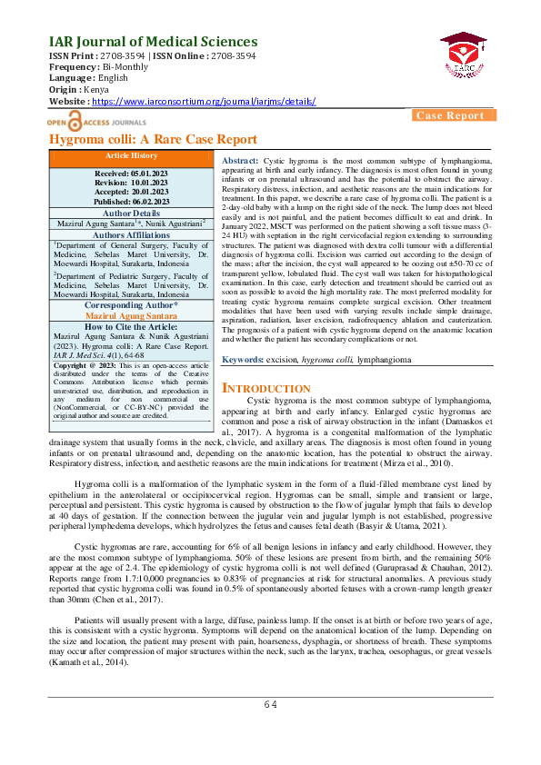(PDF) Hygroma colli: A Rare Case Report