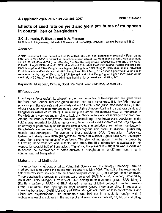 Pdf Effects Of Seed Rate On Yield And Yield Attributes Of Mungbean In