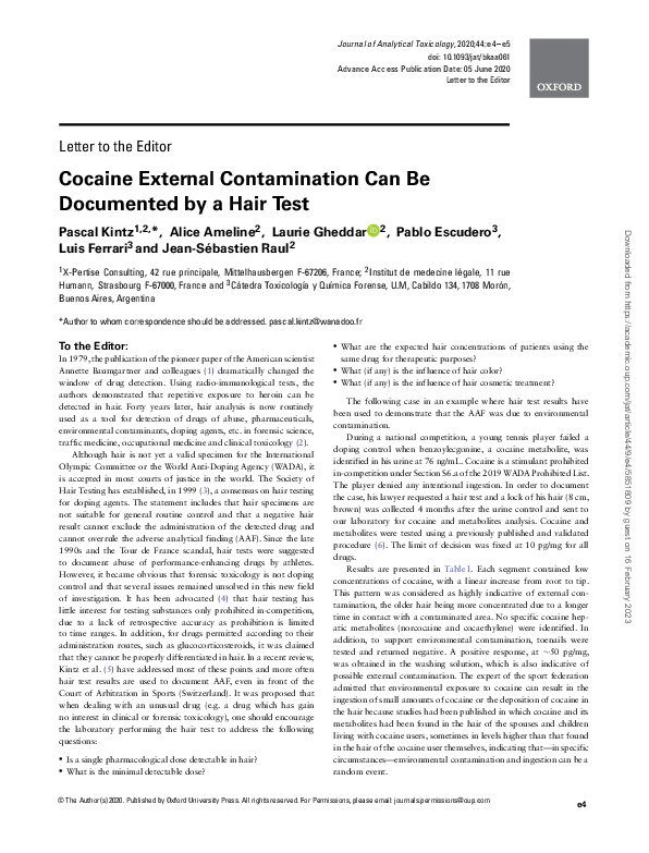 (PDF) Cocaine External Contamination Can Be Documented by a Hair Test