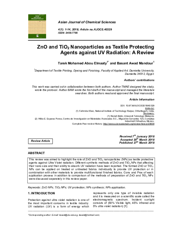 (PDF) ZnO and TiO2 Nanoparticles as Textile Protecting Agents against UV Radiation: A Review