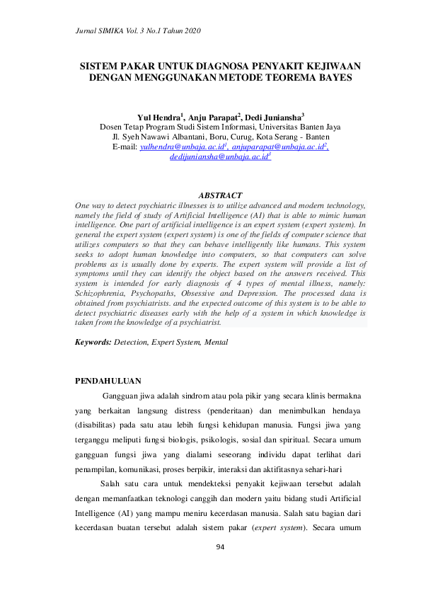 Pdf Sistem Pakar Untuk Diagnosa Penyakit Kejiwaan Dengan Menggunakan