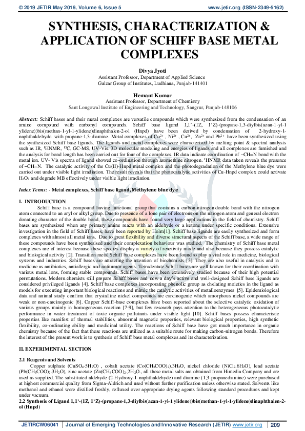 (PDF) Synthesis & Characterization of Schiff Base Ligand and Their Metal Complexes
