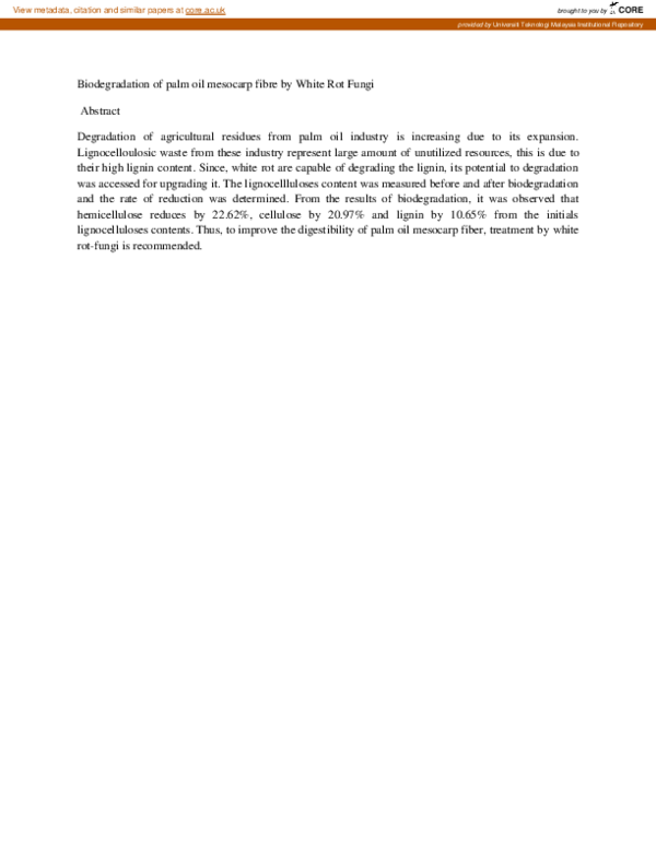 (PDF) Biodegradation of palm oil mesocarp fibre by White Rot Fungi
