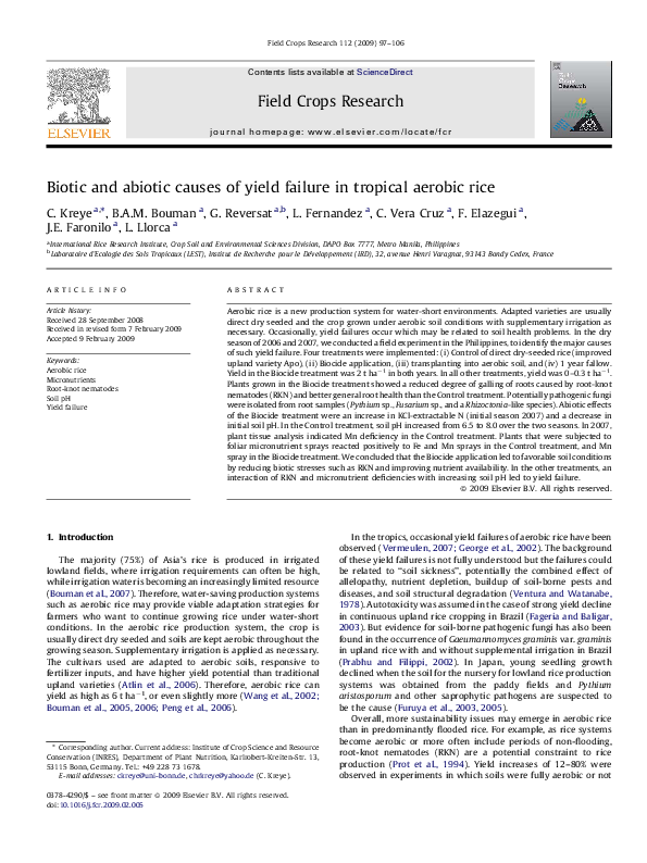 (PDF) Biotic and abiotic causes of yield failure in tropical aerobic rice