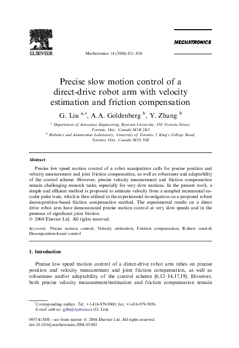(PDF) Precise slow motion control of a direct-drive robot arm with velocity estimation and ...