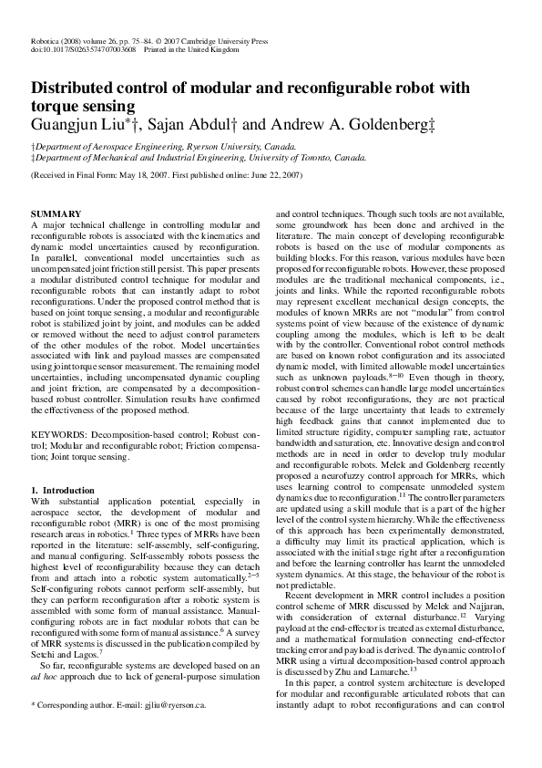 (PDF) Distributed control of modular and reconfigurable robot with ...