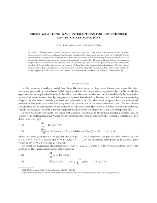 (PDF) Short Wave–Long Wave Interactions for Compressible Navier–Stokes Equations