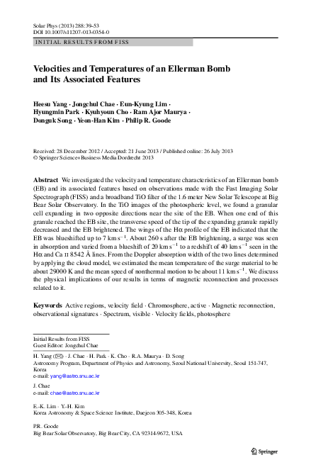 (PDF) Velocities and Temperatures of an Ellerman Bomb and Its ...