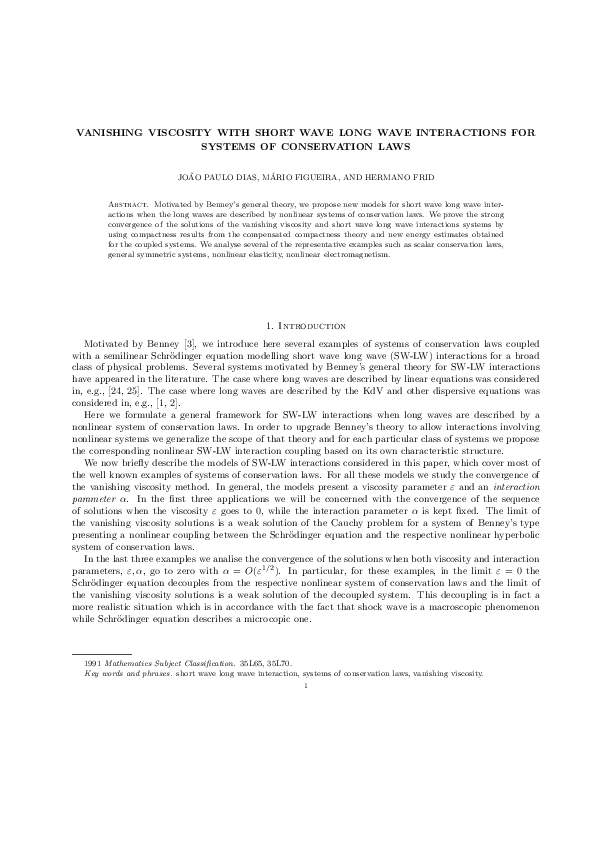 (PDF) Vanishing Viscosity with Short Wave–Long Wave Interactions for Systems of Conservation Laws