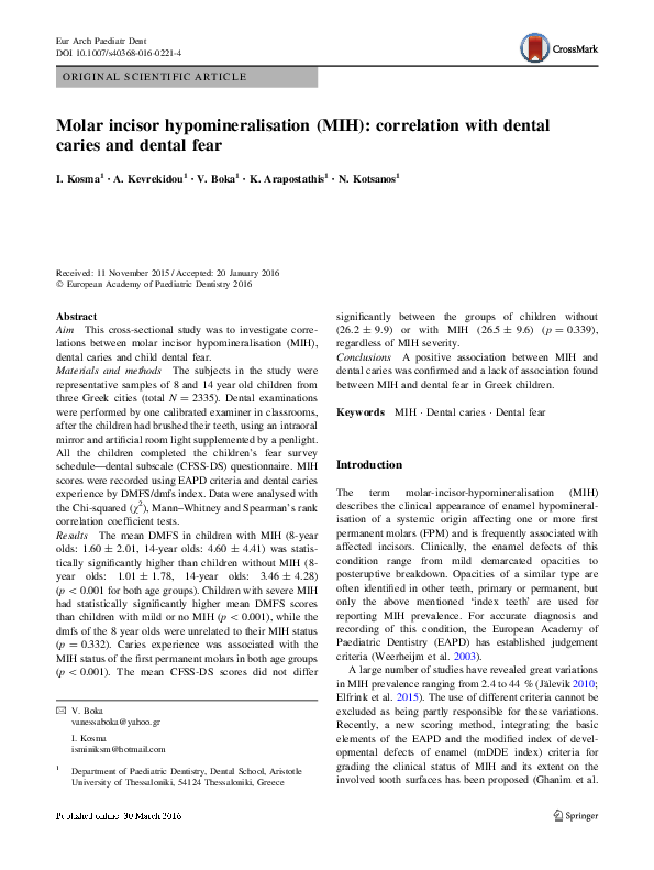 (PDF) Molar incisor hypomineralisation (MIH): correlation with dental ...