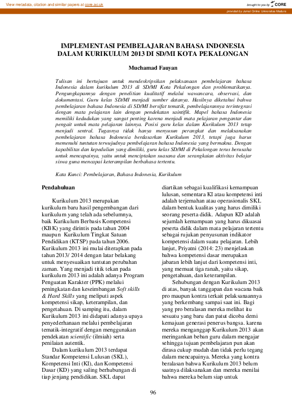 (PDF) Implementasi Pembelajaran Bahasa Indonesia Dalam Kurikulum 2013 DI SD/MI Kota Pekalongan