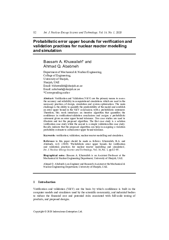 (PDF) Probabilistic error upper bounds for verification and validation practices for nuclear ...