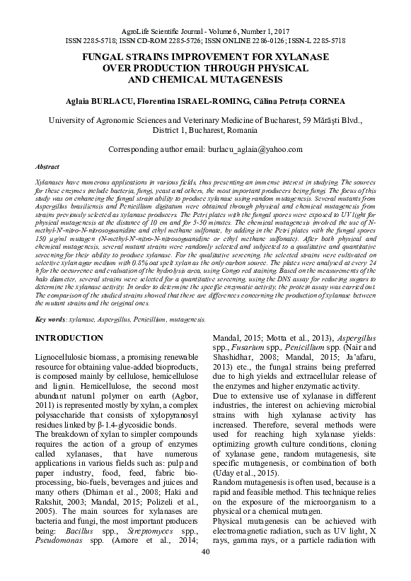 (PDF) Fungal Strains Improvement for Xylanase Over Production Through Physical and Chemical ...