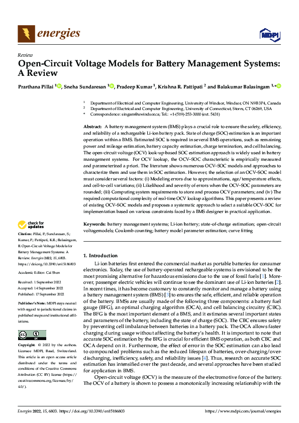 (PDF) Open-Circuit Voltage Models for Battery Management Systems: A Review