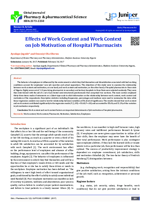 (PDF) Effects of Work Content and Work Context on Job Motivation of ...