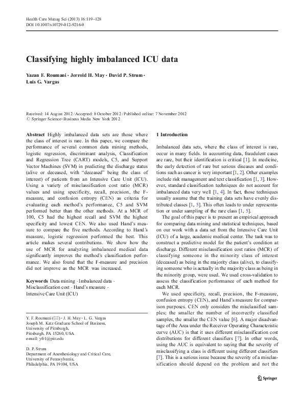 (PDF) Classifying highly imbalanced ICU data