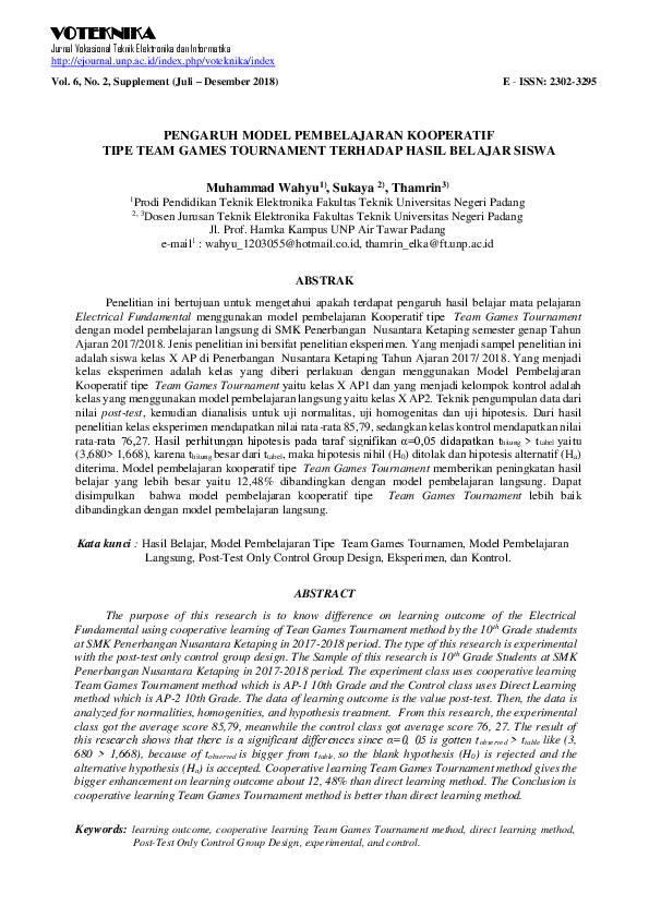 Pengaruh Model Pembelajaran Kooperatif Tipe Team Games Tournament Terhadap Hasil Belajar Siswa