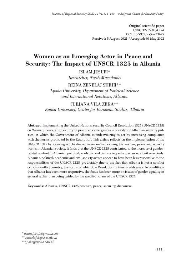(PDF) Women as an emerging actor in peace and security: The impact of ...