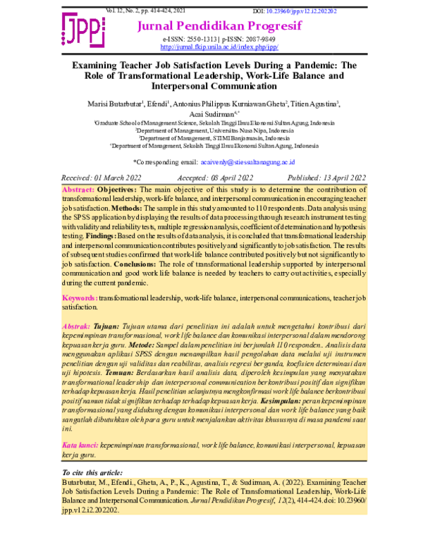(PDF) Examining Teacher Job Satisfaction Levels During a Pandemic: The ...