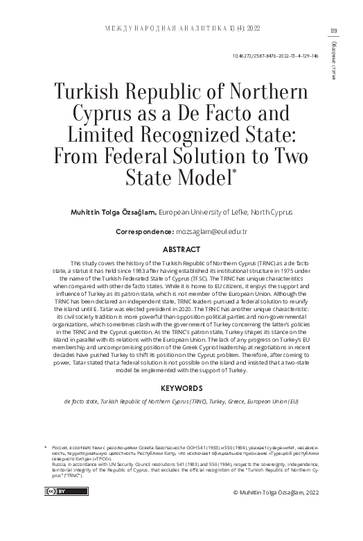 (PDF) Turkish Republic of Northern Cyprus as a De Facto and Limited ...