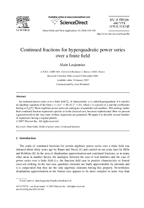 (PDF) Continued fractions for hyperquadratic power series over a finite ...