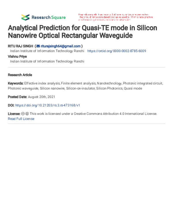 Pdf Analytical Prediction For Quasi Te Mode In Silicon Nanowire Optical Rectangular Waveguide