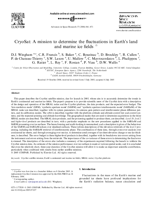 (PDF) CryoSat: A mission to determine the fluctuations in Earth’s land and marine ice fields
