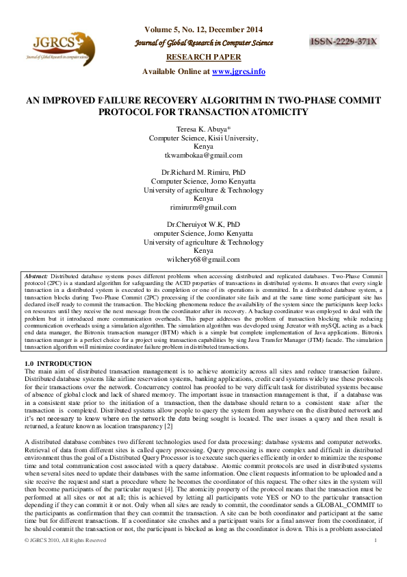 (PDF) An Improved Failure Recovery Algorithm in Two-Phase Commit Protocol for Transaction Atomicity