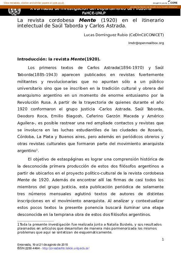 (PDF) La revista cordobesa Mente (1920) en el itinerario intelectual de ...