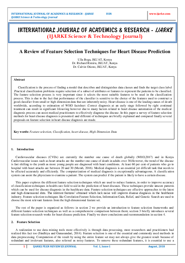 (PDF) A Review of Feature Selection Techniques for Heart Disease Prediction (PDF) A Review of Feature Selection Techniques for Heart Disease Prediction