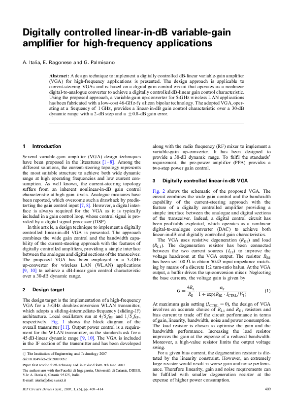 Pdf Digitally Controlled Linear In Db Variable Gain Amplifier For High Frequency Applications