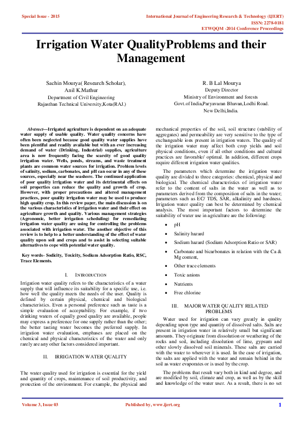 (PDF) Irrigation Water QualityProblems and their Management