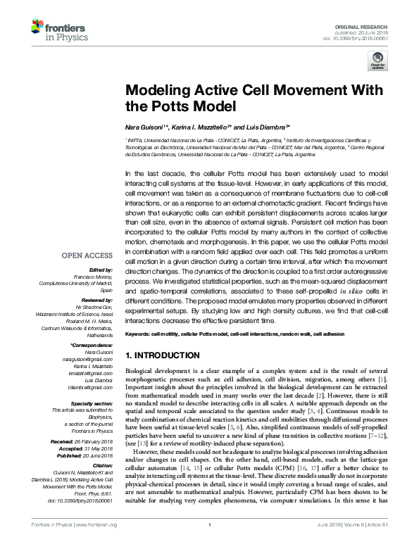 (PDF) Modeling Active Cell Movement With the Potts Model
