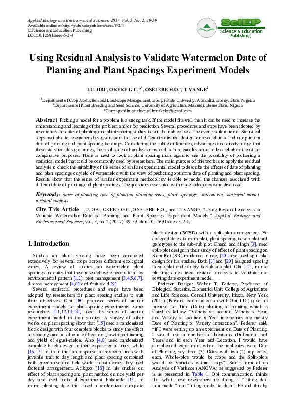 (PDF) Using Residual Analysis to Validate Watermelon Date of Planting and Plant Spacings ...